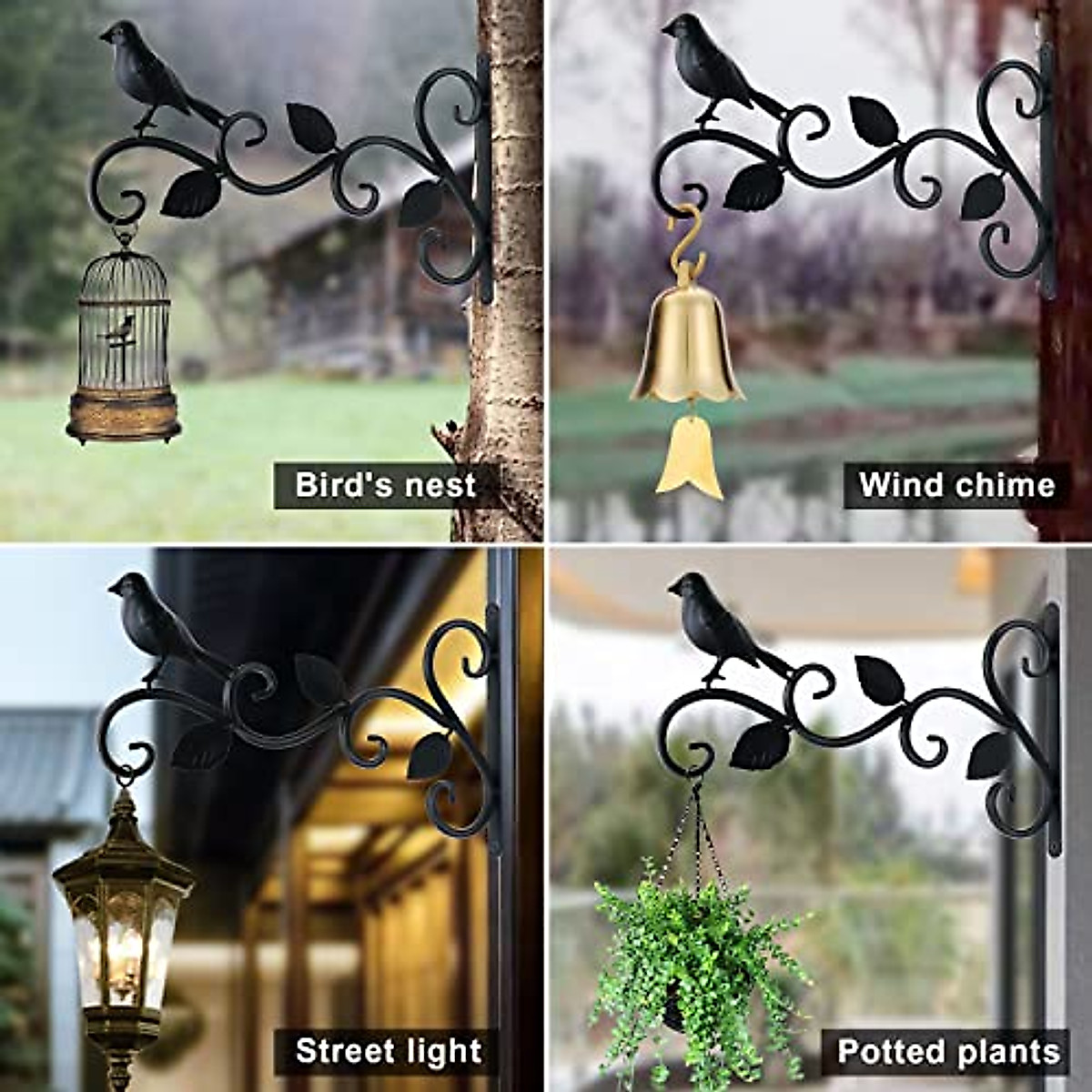 JIALAI HOME 2 Pack Hanging Plants Bracket 12" Bird Planter Outdoor Hooks Hangers for Flower Baskets Pot Bird Feeder Wind Chimes Lanterns Patio Garden Outdoor Indoor Metal Black