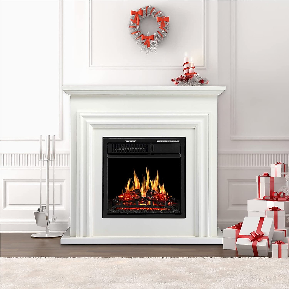 R.W.FLAME Electric Fireplace Mantel Wooden Surround Firebox, 36" White TV Stand with Freestanding Electric Fireplace, Remote Control, Adjustable Led Flame, 750W/1500w