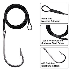 JSHANMEI Fishing Shark Rigs Surf Fishing Stainless Steel Cable Leader Wire with Tuna Shark Hooks Saltwater Fishing Deep Sea Hooks Big Fish Shark Leader Rig 5/0 2PCS