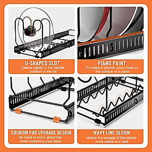 AHNR Expandable Pot and Pan Organizers Rack, 10+ Pans and Pots Lid Organizer Rack Holder, Kitchen Cabinet Pantry Bakeware Organizer Rack Holder with 10 Adjustable Compartments (Black)