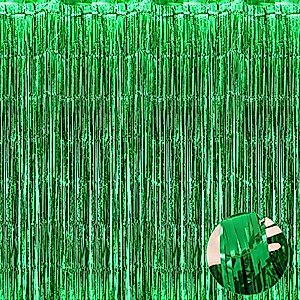 4 Pack Green Foil Fringe Curtain Backdrop, 3.3Ft x 9.8Ft Metallic Tinsel Foil Fringe Streamers Curtains for Photo Booth, Wedding, Thanksgiving, Birthday, Christmas, Halloween Party Decoration