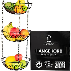 Chefarone Hanging Fruit Basket and Vegetable Basket - 3 Tier Hanging Storage Rack (Black)