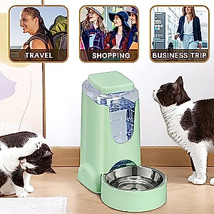 2 Pack Automatic Cat Feeder and Water Dispenser with Stainless Steel Dog Bowl Gravity Self Feeding for Small Medium Pets Puppy Kitten 1 Gallon x 2 (Green)