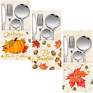 45 Pieces Thanksgiving Utensil Cutlery Holders Silverware Paper Bag Pockets with Gold Foil Words Maple Leaf Pumpkin Acorn Harvest Autumn Pattern for Fall Autumn Harvest Party Tableware Supplies