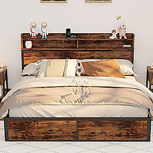 IRONCK Full Size Bed Frame with Bookcase Headboard with Charging Station, Mattress Foundation/No Box Spring Needed, Non-Slip Without Noise, Vintage Brown