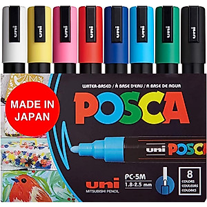 Posca Full Set of 8 Acrylic Paint Pens with Reversible Medium Point Pen Tips, Posca Pens are Acrylic Paint Markers for Rock Painting, Fabric, Glass Paint, Metal Paint, and Graffiti