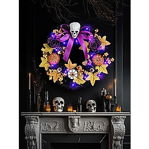 Halloween Skull Wreath,Halloween Wreaths with 20 LED Purple Lights, Skeleton Glitter Pumpkins Maple Leaf Terrifying Eyeball, Front Door Wreath for Indoor, Outdoor, Home, Party Decoration
