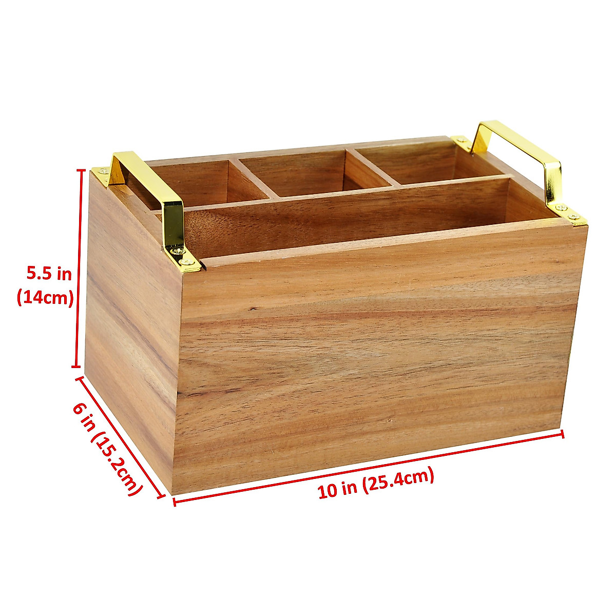 Spiretro Flatware Caddy - Silverware Utensil Holder - Condiment Organizer for Kitchen, Dining, Entertaining, Picnics - 4 Compartments - Solid Acacia Wood with Golden Metal Handle - Brown