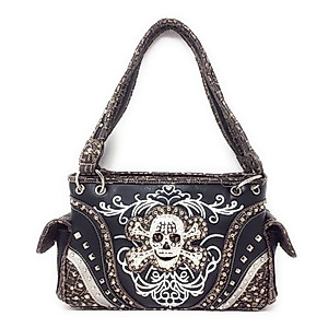Texas West Rhinestone Embroidered Metal Skull Leather Womens Concealed Carry Handbag With Matching Wallet 6 colors (Black)