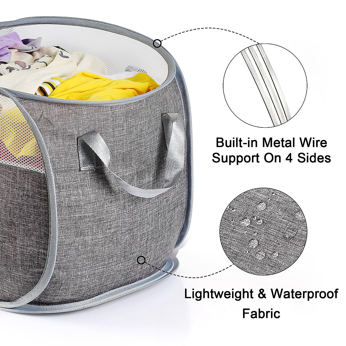 Collapsible Laundry Baskets, Pop Up Laundry Baskets with Reinforced Handles, Lightweight Foldable Laundry Basket for LaundryRoom,Bathroom or Travel (Gray)