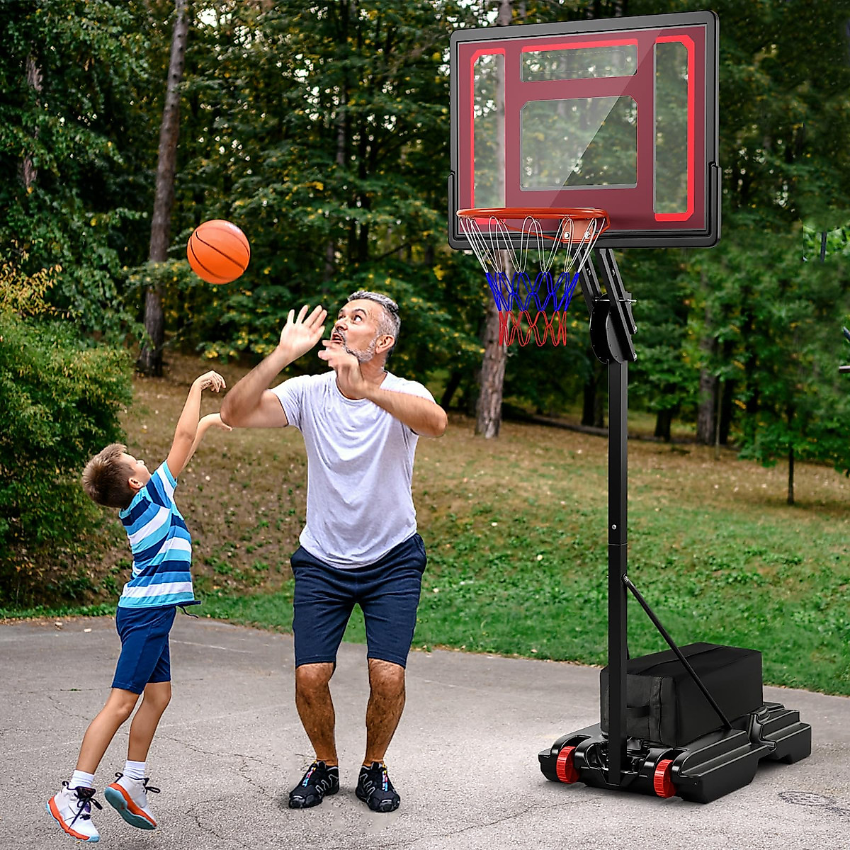 GYMAX Portable Basketball Hoop, 5 FT to 10 FT Adjustable Basketball Goal with 10 Heights, All Weather Basketball Stand System with Weight Bag & Wheels, for Kids Youth Adult, Indoor Outdoor Pool, Court