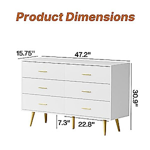 LYNSOM White Dresser for Bedroom, Modern 6 Drawer Dresser with Gold Handles, Wood Chest of Drawers for Kids Bedroom, Living Room