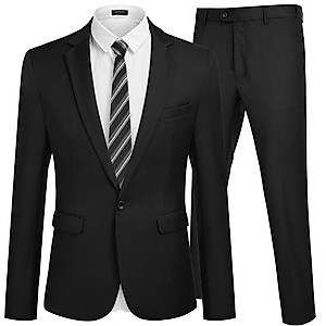 COOFANDY Men 2 Piece Suits One Button Blazer Jacket Tuxedo Slim Fit Suit Pant Black