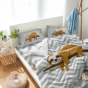 4 Pieces Duvet Cover California King Bedding Sets Cute Sloth on Branch for Bedroom Decor,Ultra Soft Luxury Comforter Cover Set with Bed Sheet and Pillow Shams Geometric Gray White Chevron Stripes