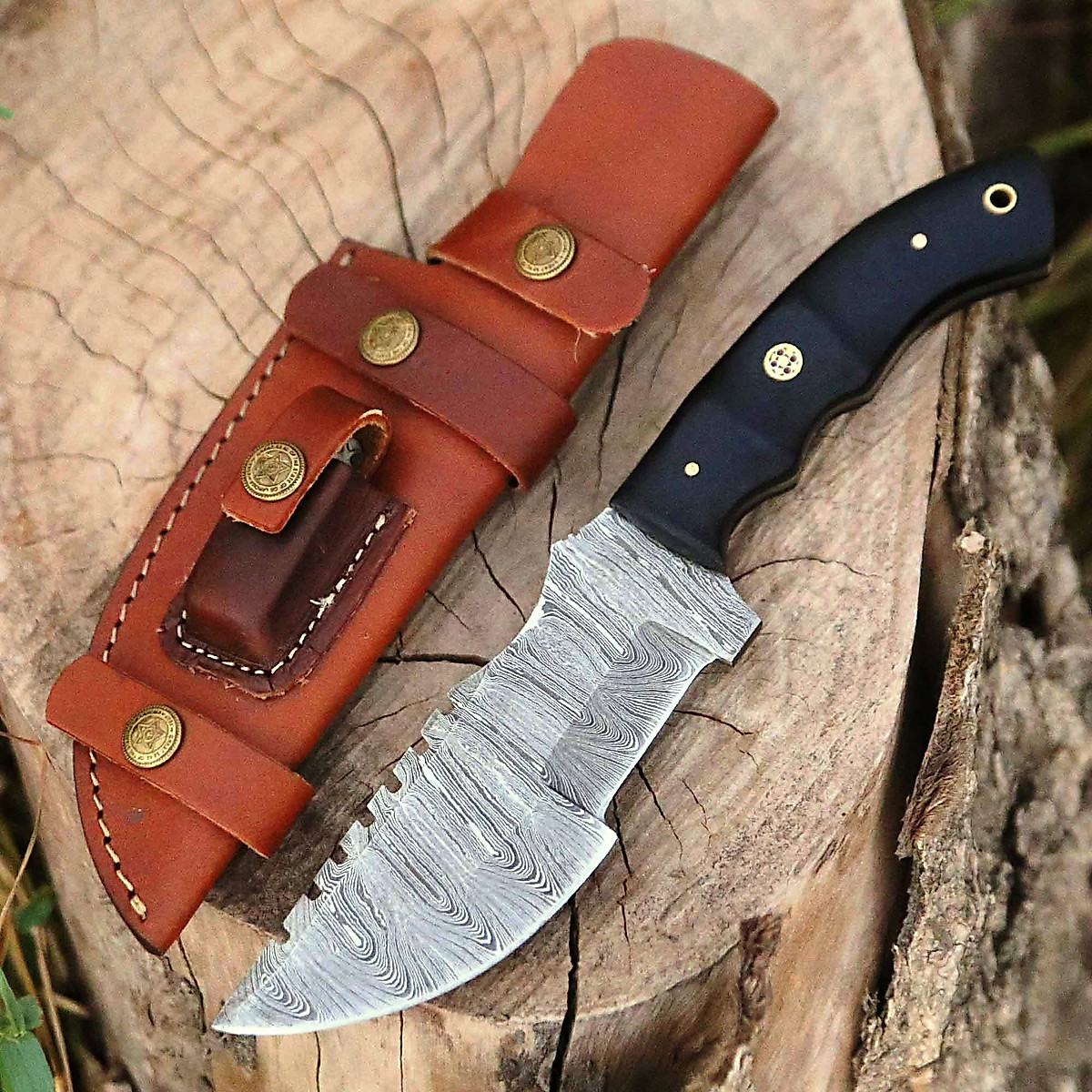 Handmade Tracker Knife Damascus Knife for Hunting Camping - 10 Inch Damascus Steel Hunting Tracker Knife with Horizontal Carry Sheath - Fixed Blade Survival tactical full tang Bushcraft Knife (Black Micarta)