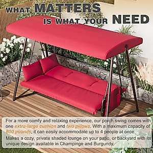 3 to 4 Seat Porch Swing, 2-in-1 Outdoor Swing Bed with Adjustable Backrest Canopy 800 lbs Capacity Patio Swing Chair with Stand Cushions Pillows for Backyard