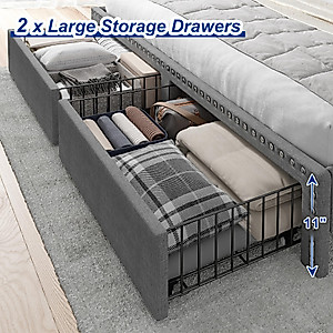 EnHomee King Size Bed Frame with Storage and Headboard, Upholstered King Bed Frame with Storage, Grey King Bed Frame with 2 Drawers, King Size Bed Frame with Storage, NO Noise,No Box Spring Needed