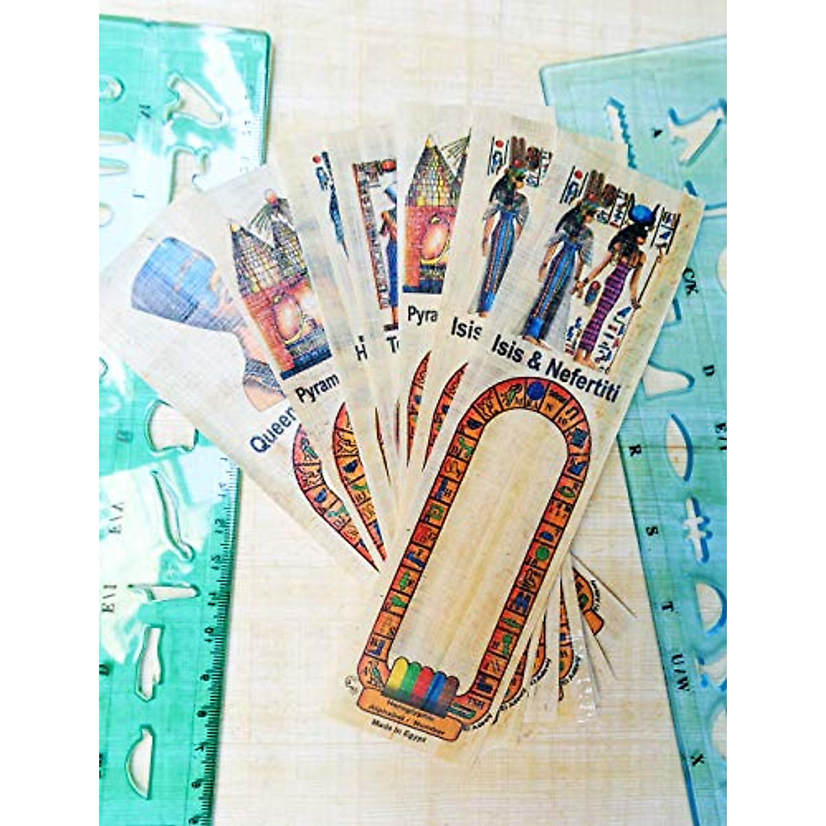 6 Egyptian Pharaoh Papyrus Blank Bookmarks Book Marks Book Mark + 2 Plastic Stencil Ruler Write Your Name Papyri Hieroglyphic Hieroglyphics Alphabet History Teaching Educational Set Art Scrapbooking