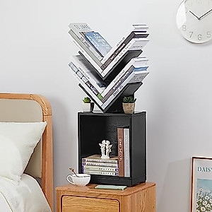 ruboka 2-Shelf Tree Bookshelf with Storage, 26.5-Inch Retro Floor Standing Bookcase Display for CDs/Magazine/Books, Small Bookshelf for Bedroom, Living Room, Office, Black Storage Shelves DESK52B