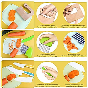 FGSAEOR Toddler Knife Set (6 PCS), Montessori Kitchen Tools for Real Cooking and Knives Cutting, Kids Safe Plastic Knife Include Wooden Knife, Wavy Chopper Knife, Potato Slicers, Serrated Edge Knives