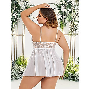 Avidlove Sexy Plus Size Lingerie for Women Lace Babydoll Chemise V Neck Sleepwear Mesh Nightwear Side Slit Nightie White