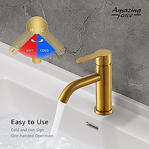 AMAZING FORCE Single Handle Bathroom Faucet Gold Bathroom Sink Faucet Single Hole with Pop Up Drain Assembly Gold Faucet for Bathroom Sink 1.2 GPM
