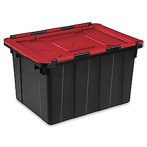 Sterilite 12 Gal Hinged Lid Industrial Tote, Stackable Storage Bin with Hinge Lid, Plastic Container to Organize Basement, Black with Red Lid, 1-Pack