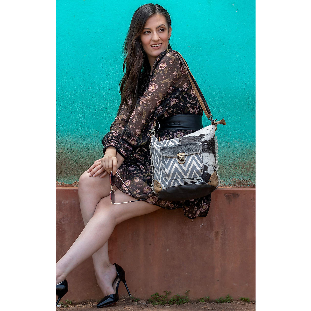 Myra Bag Mystical Upcycled Canvas & Cowhide Shoulder Bag S-1368