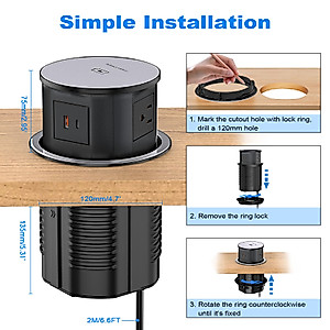 Pop Up Outlet Electrical Power Socket for Kitchen Countertop, Retractable Recessed Power Strip 4.7'' Hidden Outlet with 15W Wireless Charger 4 AC Plug 1 USB-A and 1 USB-C Port (Black)