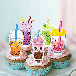 Bubble Tea Cupcake Toppers 48Pcs Boba Tea Themed Birthday Party Decorations Bubble Milk Tea Cake Cupcake Topper Decorations for Pearl Milk Tea Theme Birthday Baby Shower Party Supplies