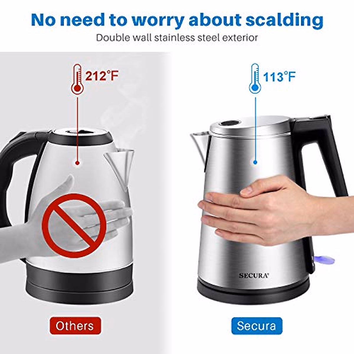 Secura Electric Kettle Water Boiler for Tea Coffee Stainless Steel 1.5L Large Cordless Hot Water Pot BPA Free with Auto Shut-Off Boil-Dry Protection LED Light 120V/1350W (K15-F1E)