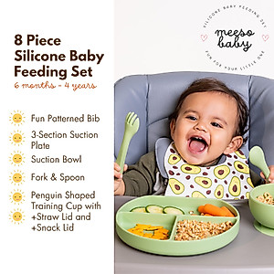 Meeso Baby 8-piece Silicone Baby Feeding Set - Animal Print Baby Essentials - Toddler Plates & Cup with Lid - Baby Led Weaning Supplies - Adjustable Bibs Microwave - Dishwasher Safe - BPA-free - Green