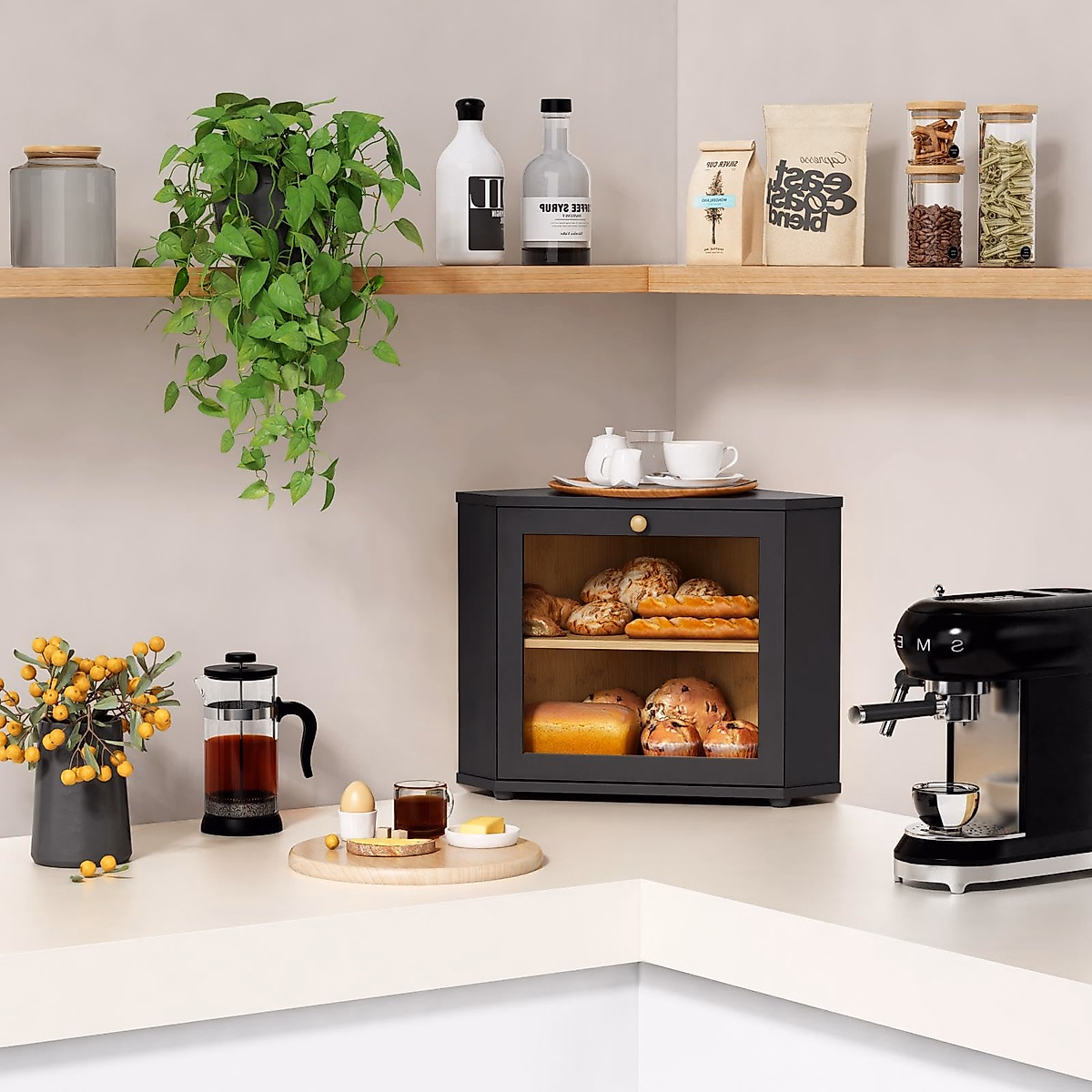 Goozii Corner Bread Box for Kitchen Countertop, Black Bread Storage Container for Homemade Bread, Two Layer Breadbox under Cabinet Mount, Large Bread Holder for Kitchen Counter, Panry Shelf