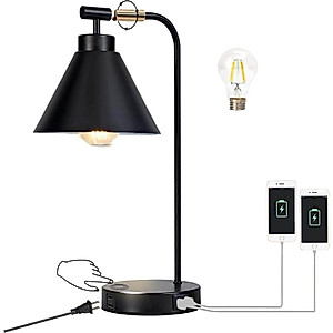Bedside Desk Lamps for Bedroom - Grey Smoked Glass Shade Table Lamp with USB C Port, Fully Dimmable Small Lamps with USB Port and Outlet, Reading Nightstand Lamps for Office Living Room