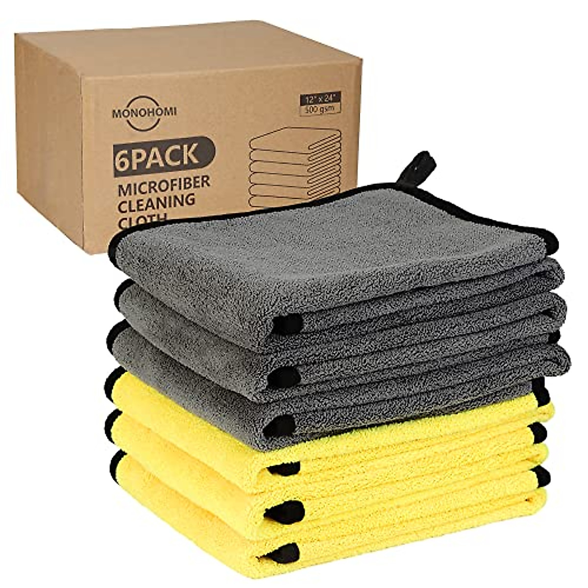 monohomi Microfiber Towels for Cars, 6Pack Soft and Absorbent Car Drying Towel, 24" x 12" 500gsm, Dual-Sided Multipurpose Microfiber Cleaning Cloth for Car Wash, Cleaning, Detailing and Household
