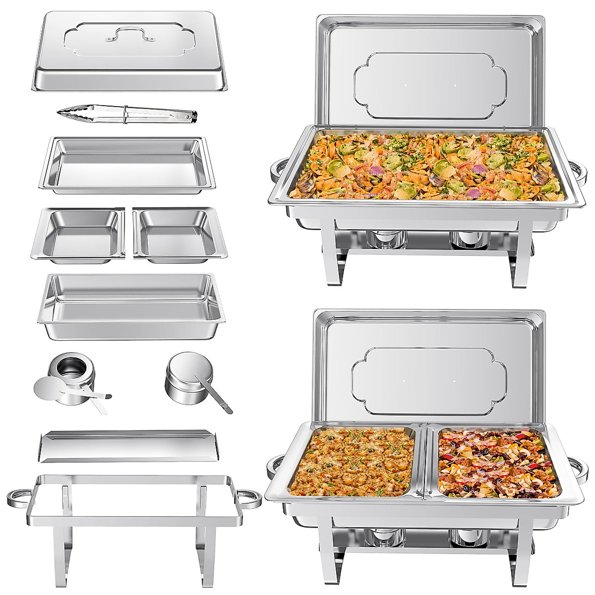 Lifezcime 4 Pack Chafing Dishes Buffet Set 8QT Stainless Steel Chafer, Foldable Food Warmers with Full Size Pan & Half Size Food Pans, Serving Tongs for Weddings, Party, Banquet,Catering,Buffet