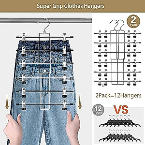 Pants Hangers -6 Tiers Closet Organizer Clothes Hanger,Skirt Hangers with 360° Swivel Hook -Space Saving Hangers with Clips - 2 Pack Pant Hangers