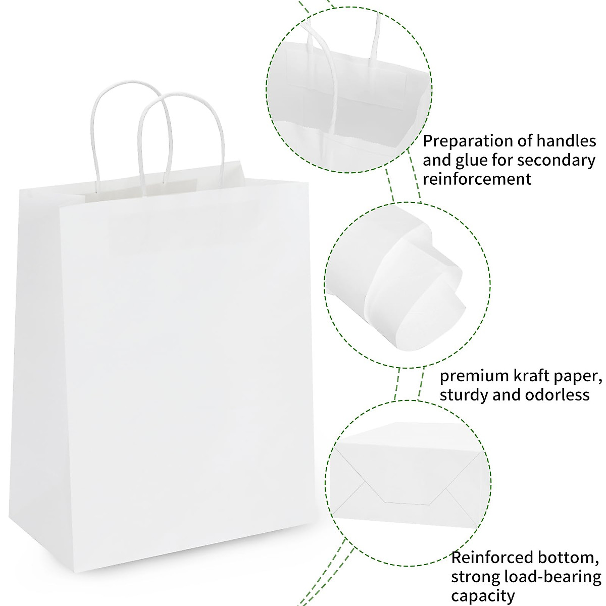 Moretoes Paper Bags with Handles 100pcs 10x5x13 Inches, White Kraft Gift Bags Bulk, Shopping Bags, Retail Bags for Small Business, Birthday Wedding Party Favor Bags, Merchandise Bags