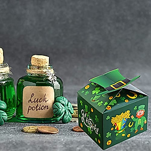 HOWAF 12 Pieces St. Patrick's Day Treat Boxes, Irish Candy Boxes Goodie Boxes for Kids, 4 Styles Green Party Favors Paper Boxes with Handle for Holiday St. Patrick's Day Irish Party Supplies Favors