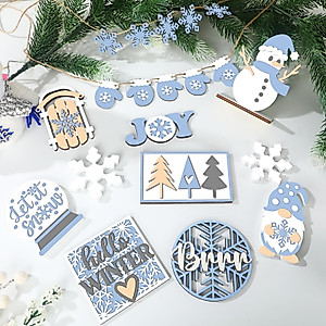 FairySandy 20 Pcs Tiered Tray Decor Snowflake Snowman Gnome Wooden Signs Winter Wonderland Table Centerpieces Rustic Farmhouse Tabletop Sign Decor for Party Home Christmas Holiday