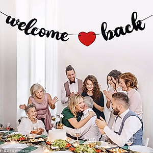 Welcome Back Banner Sign Party Decoration Black Glitter Pre-Strung Banner for Military Army Homecoming Teenager Homecoming Party Decorations, Family Theme Party Supplies