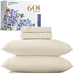 Carressa Linen Luxury Egyptian Cotton 4 PC King Size Sheet Set - 600 Thread Count Deep Pocket Fitted and Flat Sheets, Soft, Cooling Extra Long Staple Hotel-Quality Bedding with Sateen Weave - Ivory