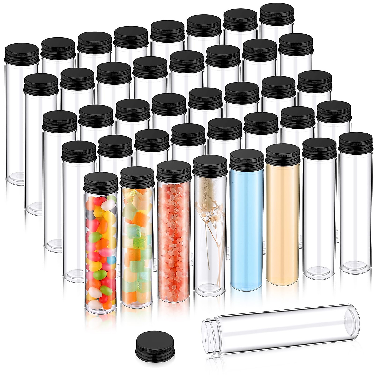 Hsei 40 Pcs Plastic Test Tubes with Lids 110ml Clear Tubes Flat Bottomed Tubes for Candy Spices Dried Flowers Seed Bead Liquids Powders Science Party Supplies Christmas Gift(Clear, Black Lid)