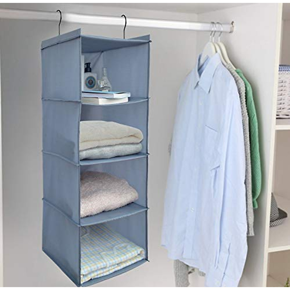 BrilliantJo 2PCS Hanging Closet Organizer, 4 Shelves Hanging Wardrobe Storage Shelves with Hook for Clothes Storage, Washable Oxford Cloth Fabric, 31"x12"x12"(Blue-Gray)