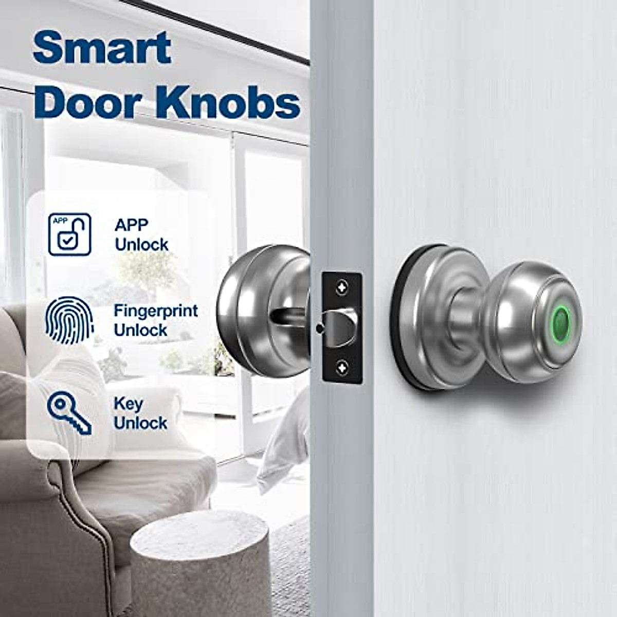 GeekTale Fingerprint Door Lock, Smart Door Knob Fingerprint Door Knob Smart Door Lock with App Control,Great for Bedrooms,Apartments Offices,Hotels, Satin Nickel