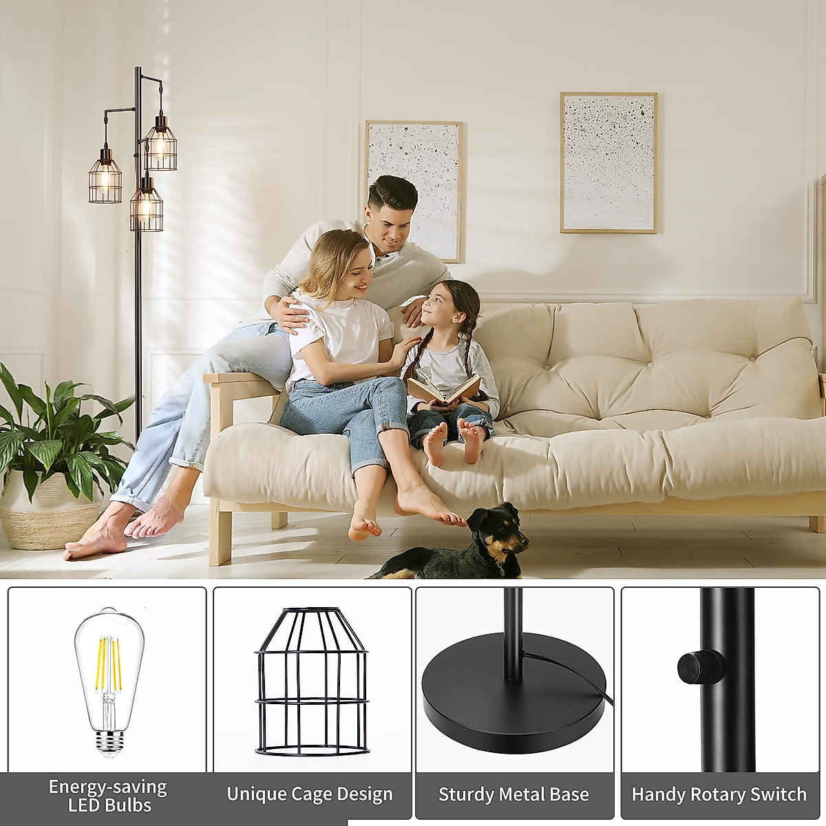 Sucolite 69in Dimmable Floor Lamp for Living Room, Industrial 3-Light Tree Floor Lamp Black with Cages, Farmhouse Rustic Tall Standing Lamp Floor Lighting for Bedroom Office, 3 Free LED Edison Bulbs