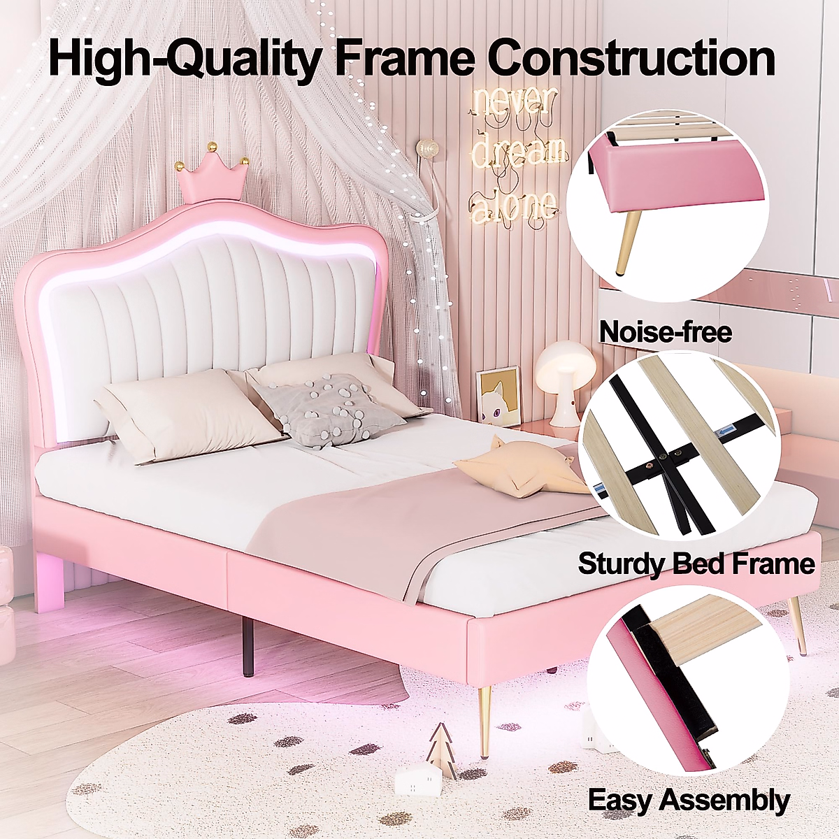 Full Size Modern Upholstered Princess Bed with Crown Headboard and LED Lights, PU Leather Wood Platform Bed Frame with Slat Support and Metal Feets, No Box Spring Needed (Full, White+Pink-01)