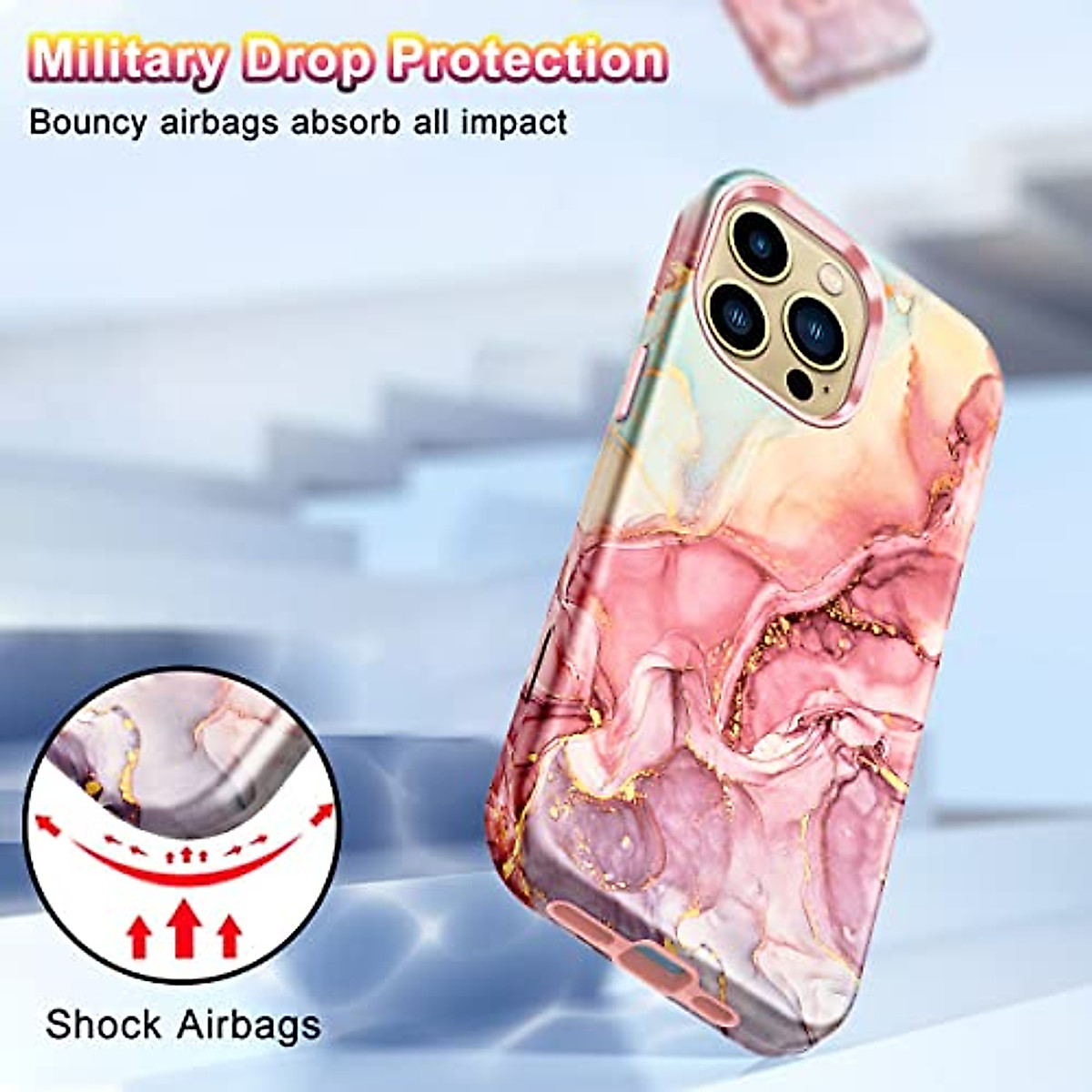 Btscase Compatible with iPhone 13 Pro Max Case 6.7 Inch 2021,Marble Pattern 3 in 1 Heavy Duty Shockproof Full Body Rugged Hard PC+Soft Silicone Drop Protective Women Girl Phone Cases, Rose Gold