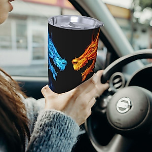 Groamaup 20oz Dragon Stainless Steel Insulated Tumbler with Lid and 3pcs Straw Sets, Water and Fire Car Cup for Cold and Hot Drinks, Coffee Mug for Travel Office and Home Use