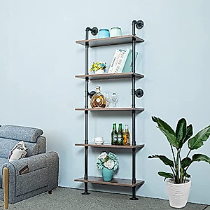 HEONITURE 5 Shelf Industrial Pipe Shelving, Black Modern Bookcase Bookshelf, Wall Mount Ladder Shelf with Metal Frame Display Selves